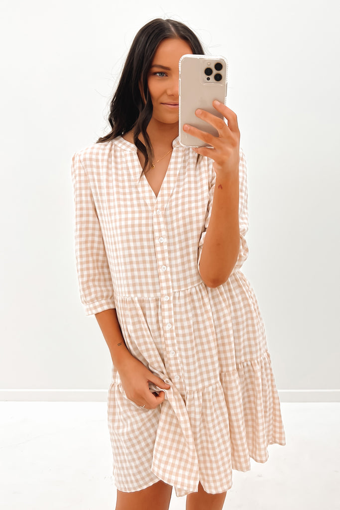Ella Mini Dress Beige Check - Jean Jail