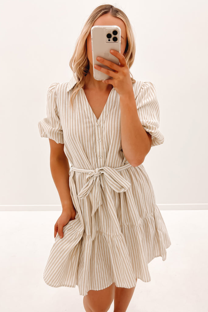 Isaiah Mini Dress Beige Stripe - Jean Jail