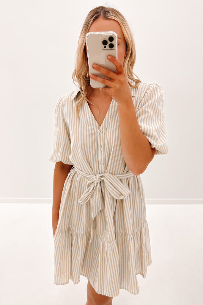 Isaiah Mini Dress Beige Stripe - Jean Jail